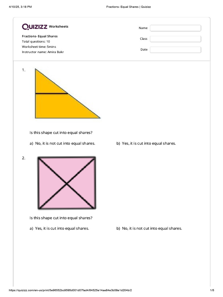 Equal Shares Fractions Worksheet | PDF | Division (Mathematics ...