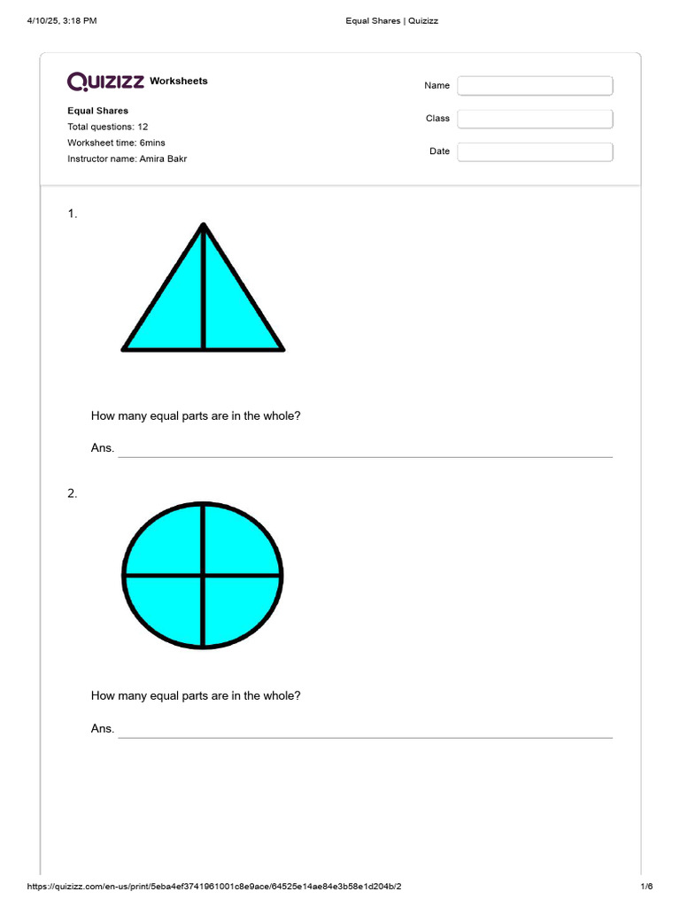 Equal Shares Worksheet for Students | PDF