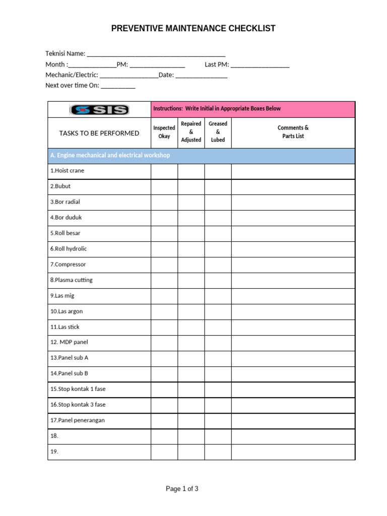 preventive_maintenance_checklist SIS | PDF