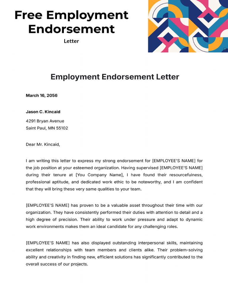 Employment Endorsement Letter Template | PDF