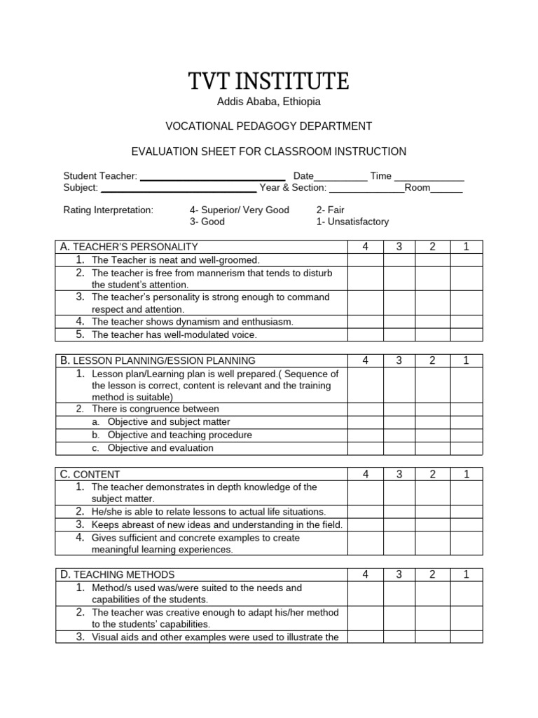 Teaching Practice Evaluation Sheet | PDF | Teachers | Procedural Knowledge