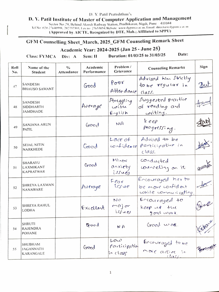 GFM Counseling Sheet_March, 2025 (FYMCA) | PDF