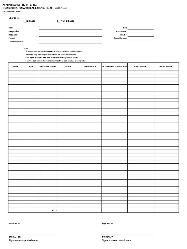 Acabar Transportation-And-Meal-Expense-Report-Form | PDF