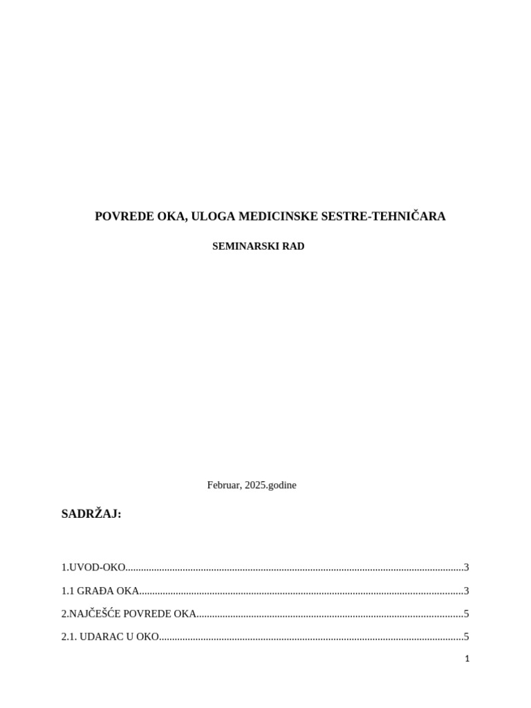 Seminarski Rad Povrede Oka, Uloga Medicinske Sestre | PDF