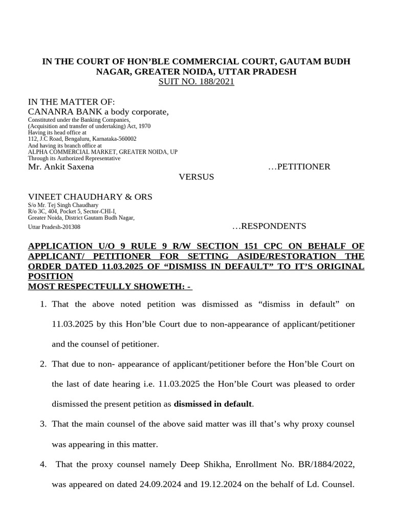 Vineet Application For Restoration Canara Bank | PDF | Affidavit | Justice