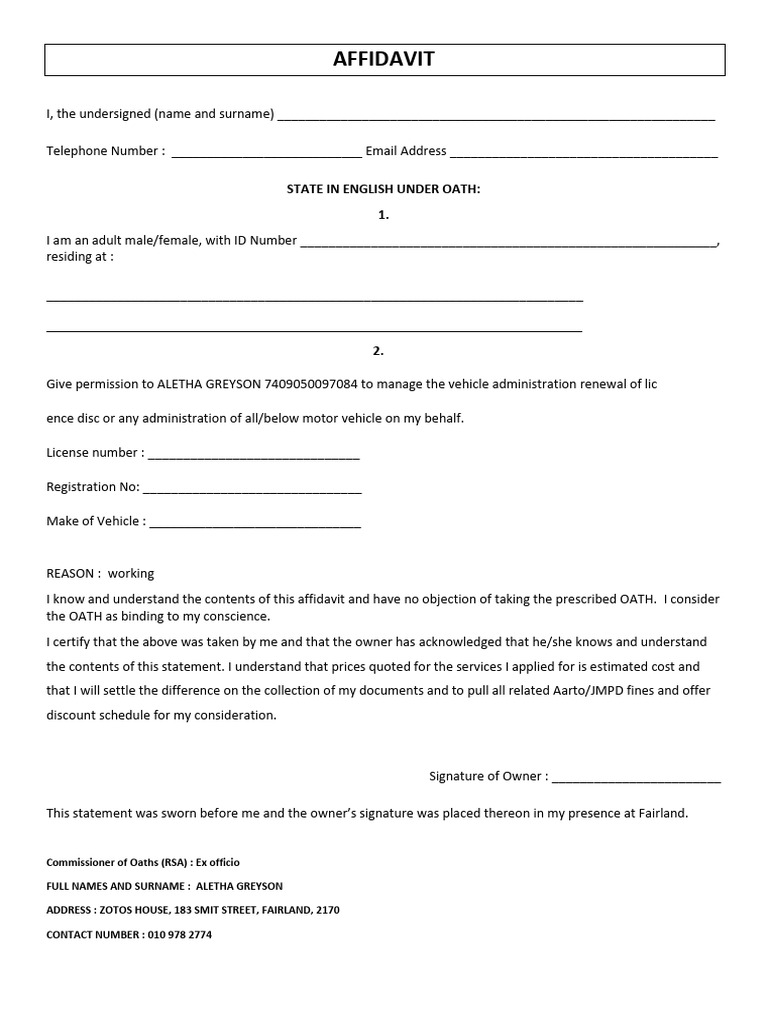 Affidavit - Giving Cathy's Q4u Fairland Permission | PDF