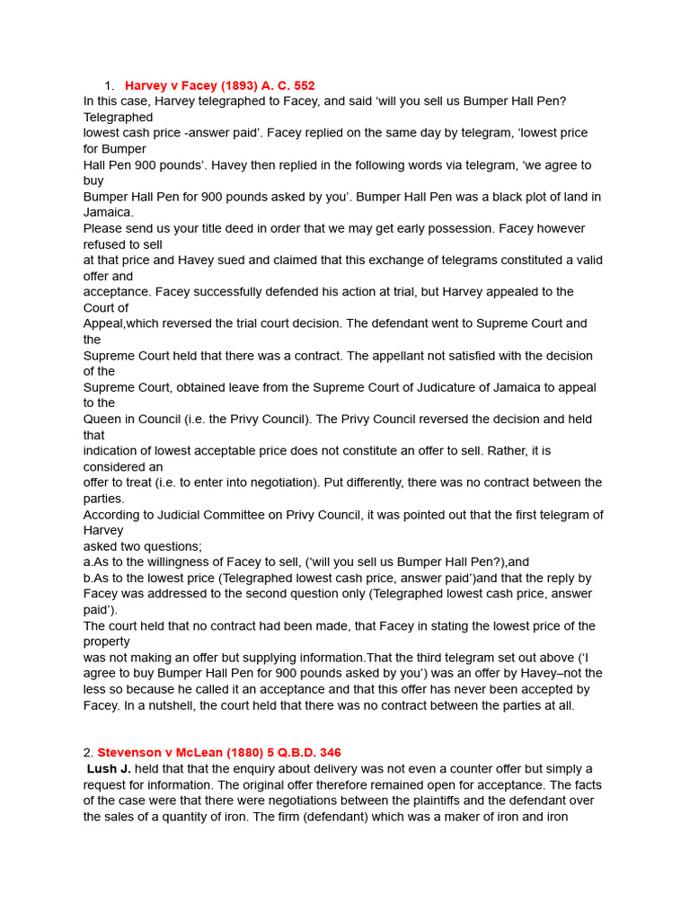 Cases For Contract Law Part 1 | PDF | Offer And Acceptance | Auction