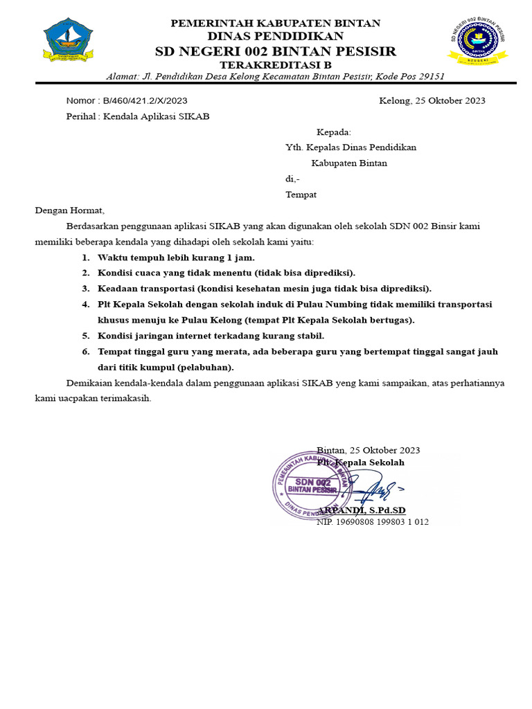 SURAT KENDALA APLIKASI SIKAB | PDF