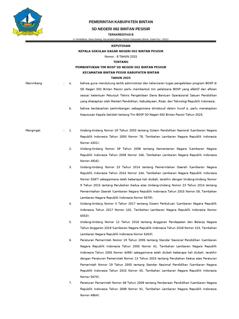 Pembentukan Tim BOSP SDN 002 Bintan | PDF