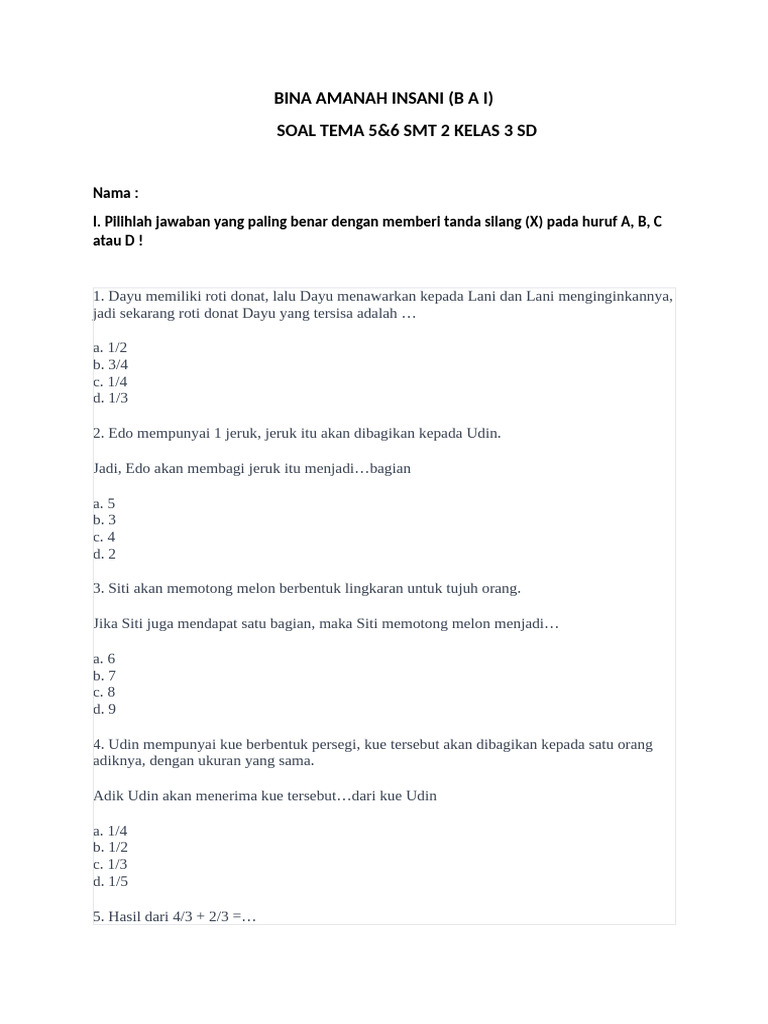 Soal Tema 5&6 SMT 2 Kelas 3 SD | PDF