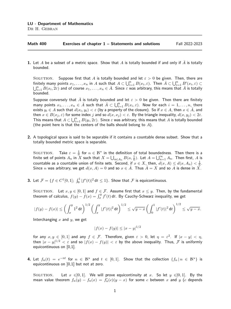 Math400 Exercises Chapt1 Co | PDF | Topology | Mathematical Objects