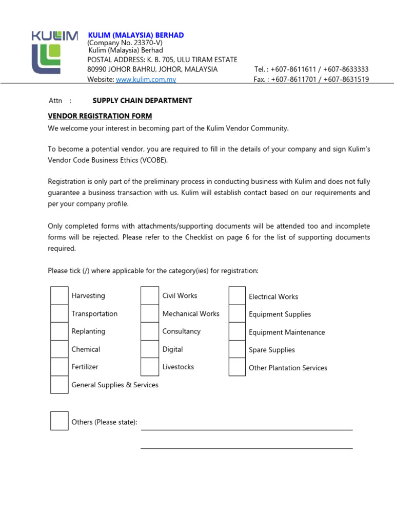 Kulim Vendor Registration Form | PDF | Business