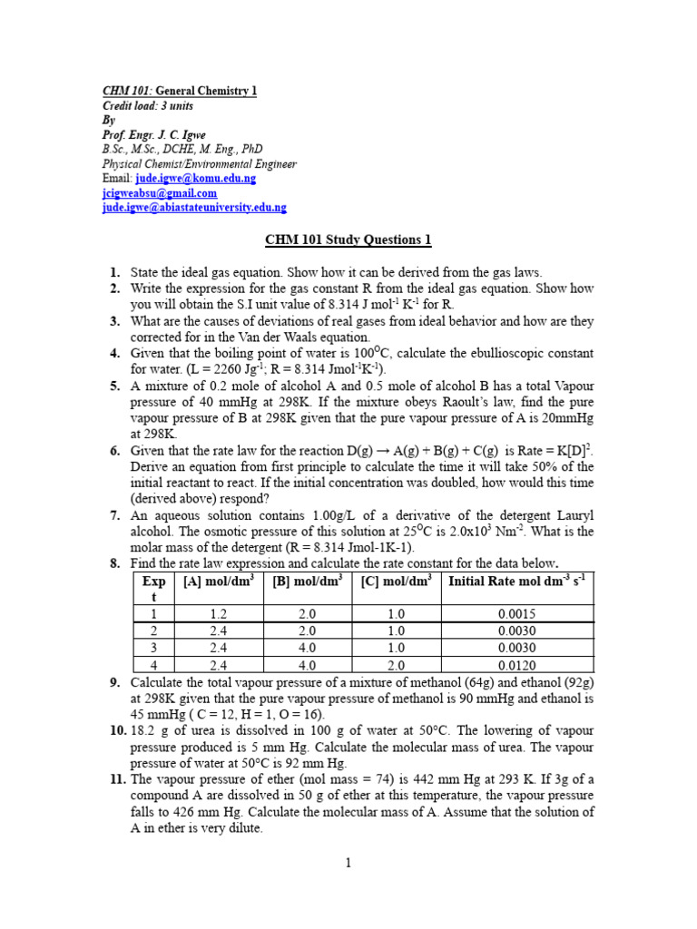 CHM 101 Exam 3 Study Questions | PDF | Mole (Unit) | Gases