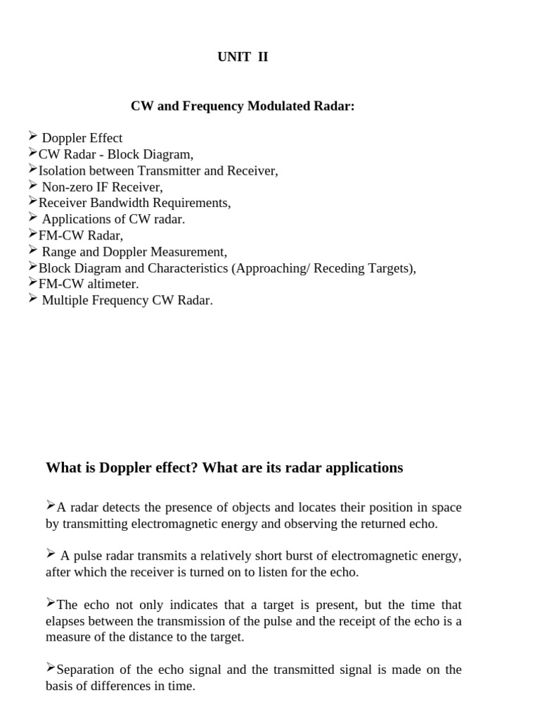 RADAR Unit 2 CW and FMCW Radar | PDF | Radar | Transmitter