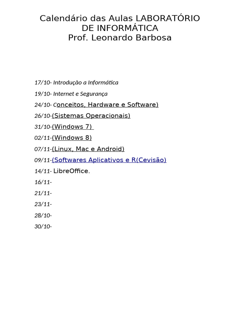 Calendário de Aulas de Informática | PDF