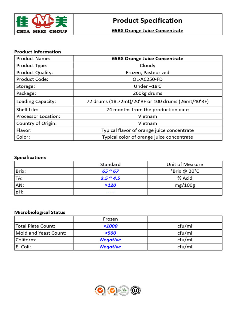 SPEC - 65BX Cloudy Orange Juice Conc | PDF | Orange Juice | Juice