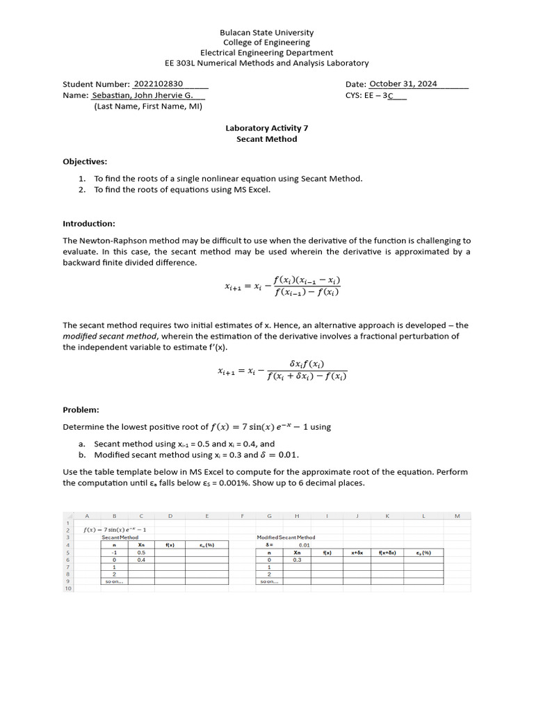 Sebastian, JJG - EE 303L Lab Act 7 - Secant Method | PDF | Numerical Analysis | Trigonometric ...