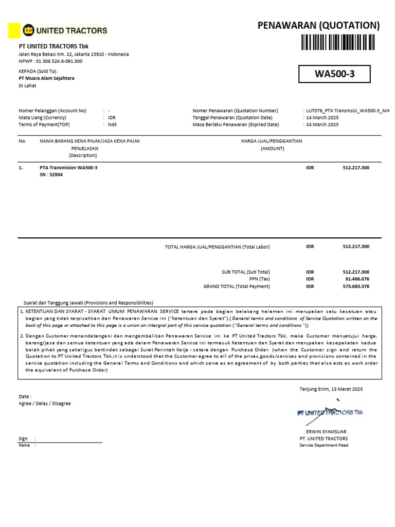 Quotation Pta Transmsisi - Wa500-3 - Mas | PDF