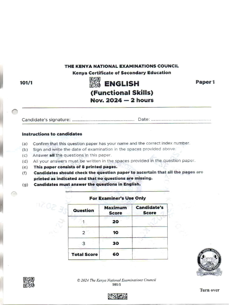 2024-KCSE-ENGLISH-PAPER-1 | PDF