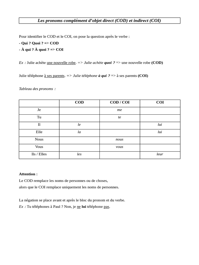 Pronoms COD et COI : Guide et Exercices | PDF | Complément d'objet | Pronom