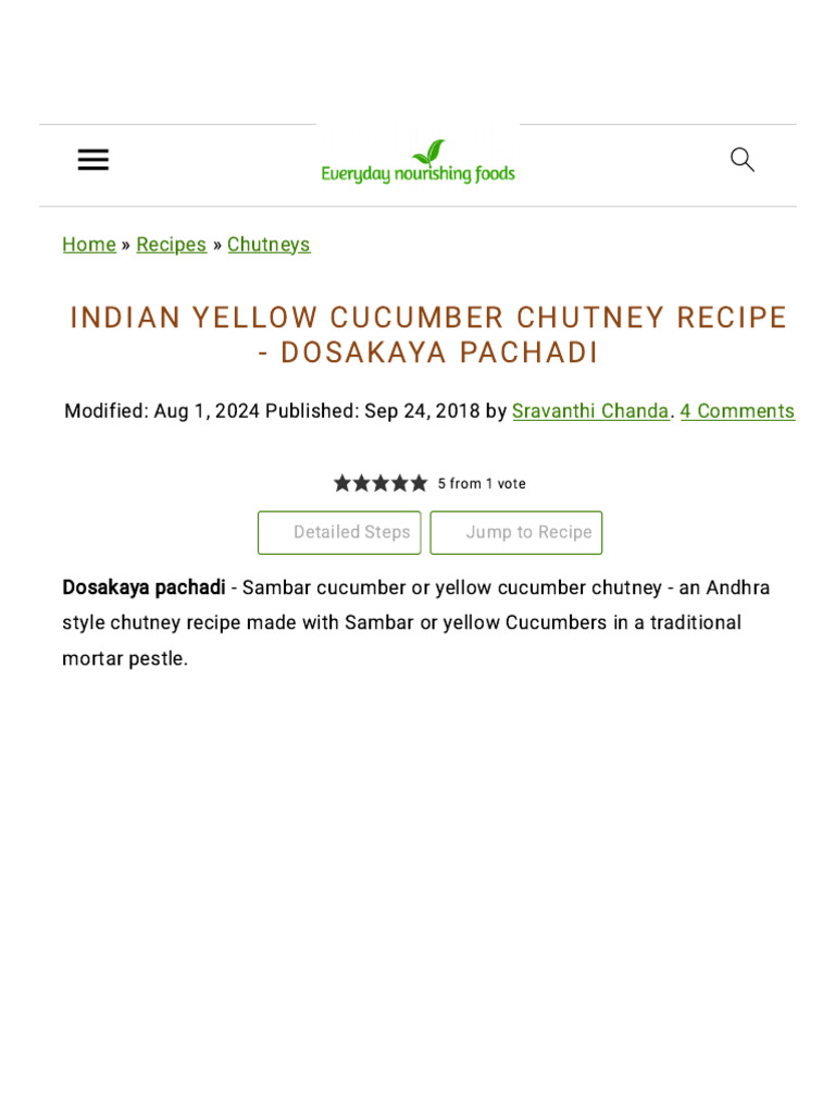Indian Yellow Cucumber Chutney Recipe - Dosakaya Pachadi | PDF ...