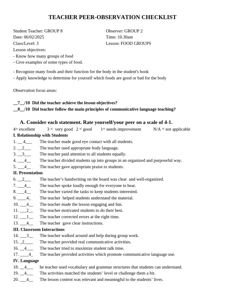TEACHER PEER OBSERVATION | PDF | Teachers | Communication