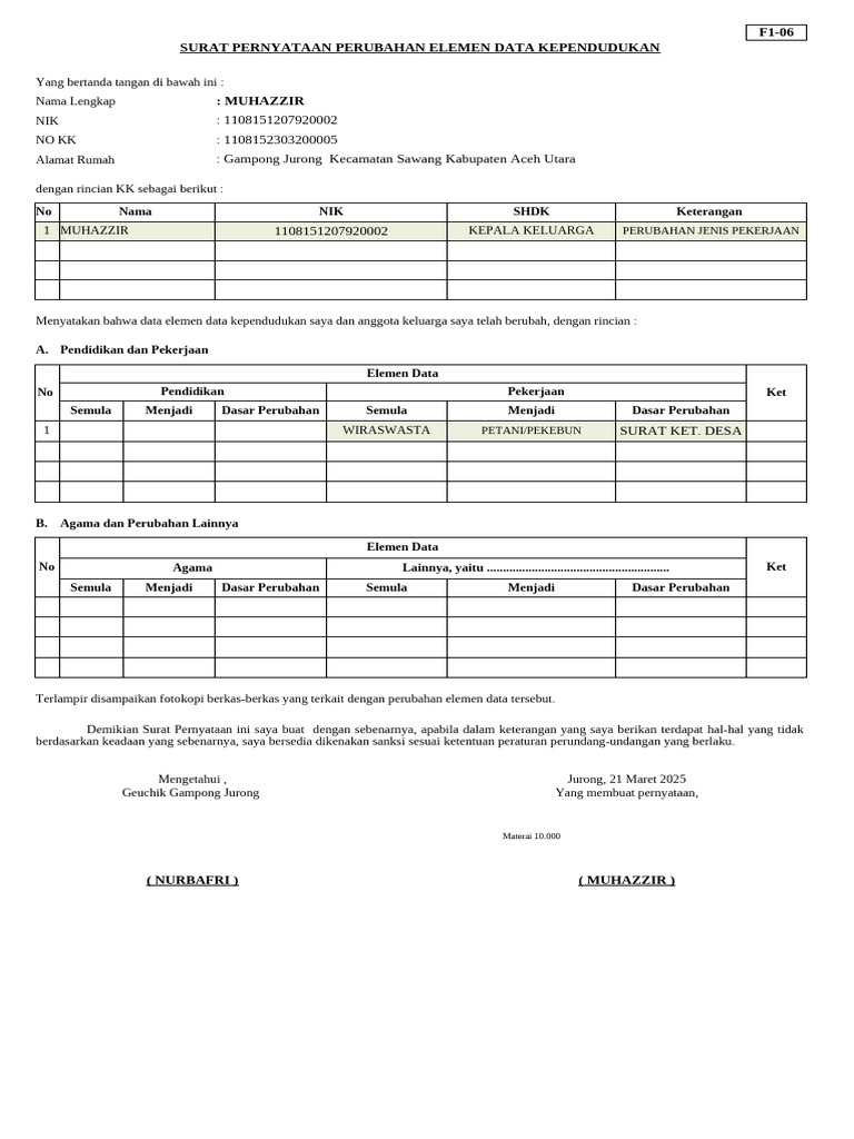 Surat Pernyataan Perubahan Elemen Data Kependudukan f1-06 | PDF