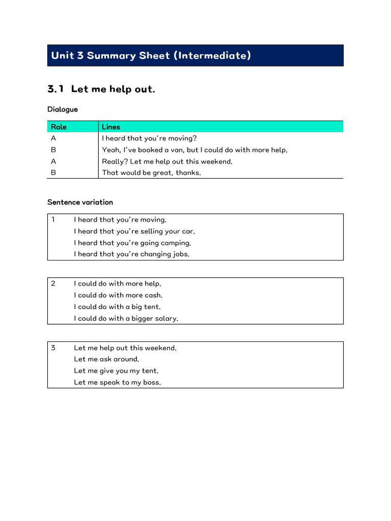 Intermediate Unit 3 Dialogue Summary | PDF