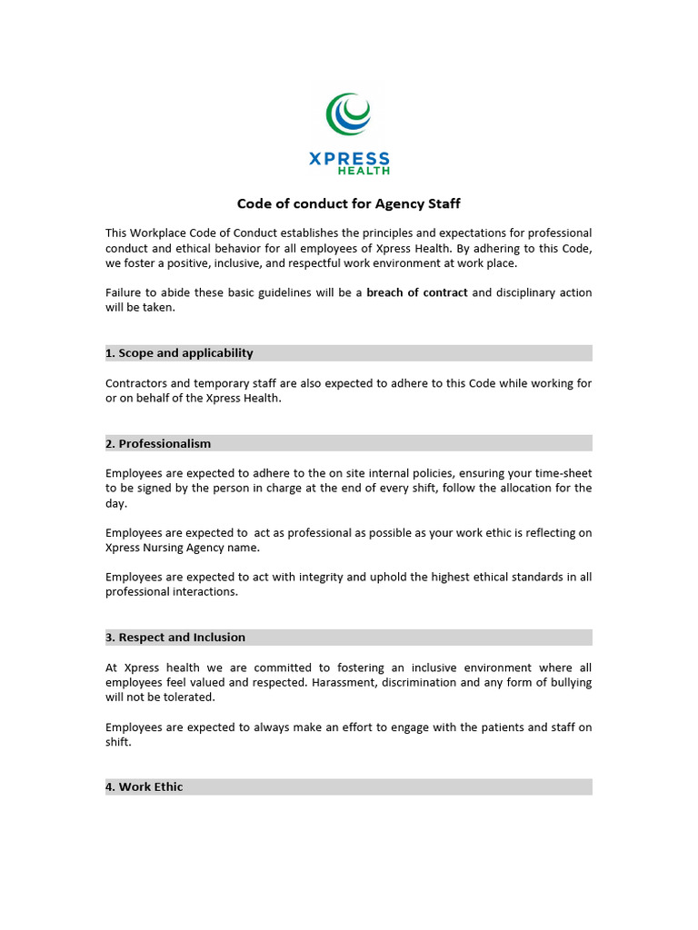 Xpress Health Agency Staff Code of Conduct | PDF | Employment | Social ...