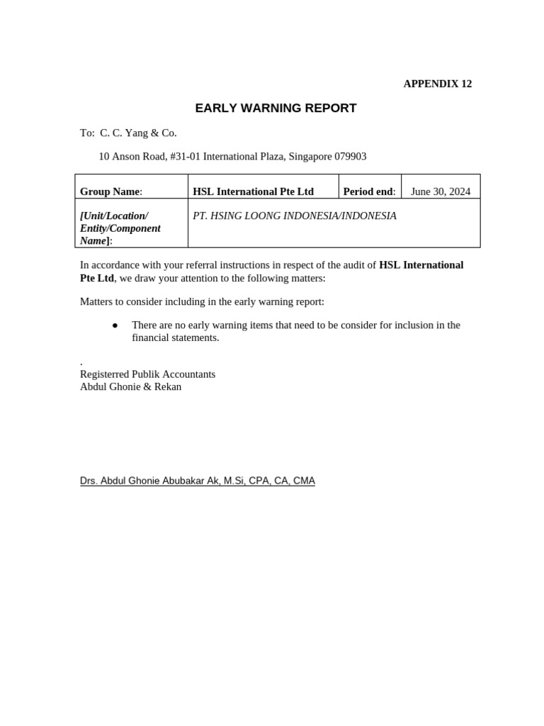 Appendix 12 Early Warning Report | PDF