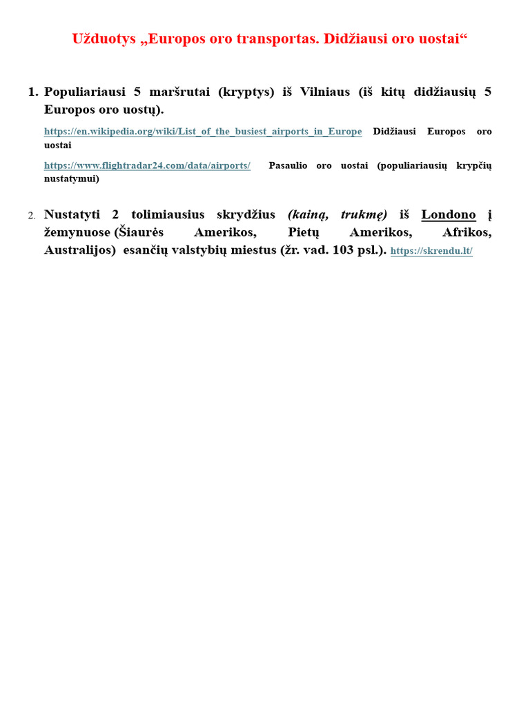 7 Kl. Europos Oro Transportas. Uzduotys | PDF