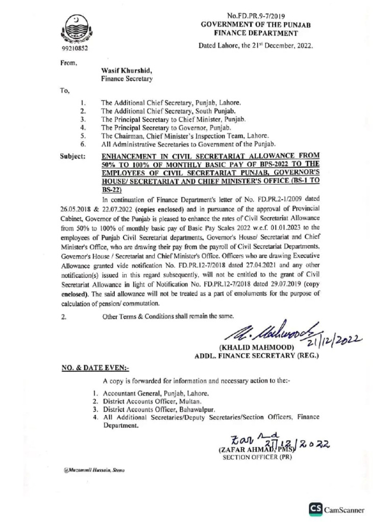 Grant of Civil Secretariat Allowance at 100 Percent | PDF