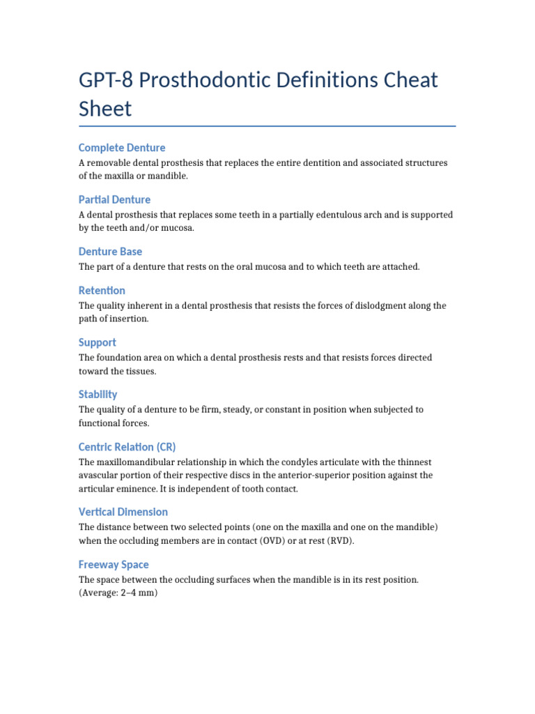 GPT-8 Prosthodontic Definitions Cheat Sheet | PDF