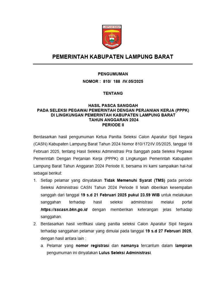 Pengumuman Hasil Seleksi Administrasi CASN 2024 Tahap II Pasca Sanggah | PDF