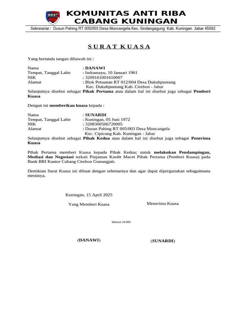 Komunitas Anti Riba. Surat Kuasa Danawi | PDF