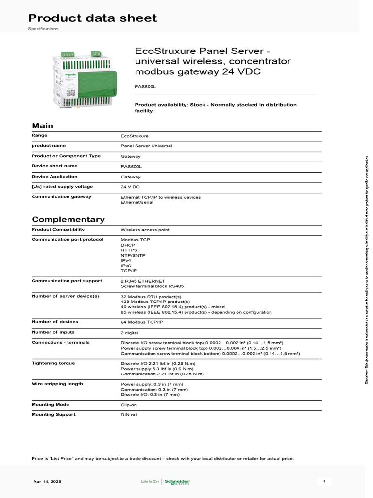 Schneider Electric - EcoStruxure-Panel-Server - PAS600L | PDF ...