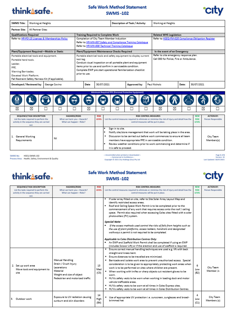 SWMS 102 Working at Heights | PDF | Risk | Personal Protective Equipment
