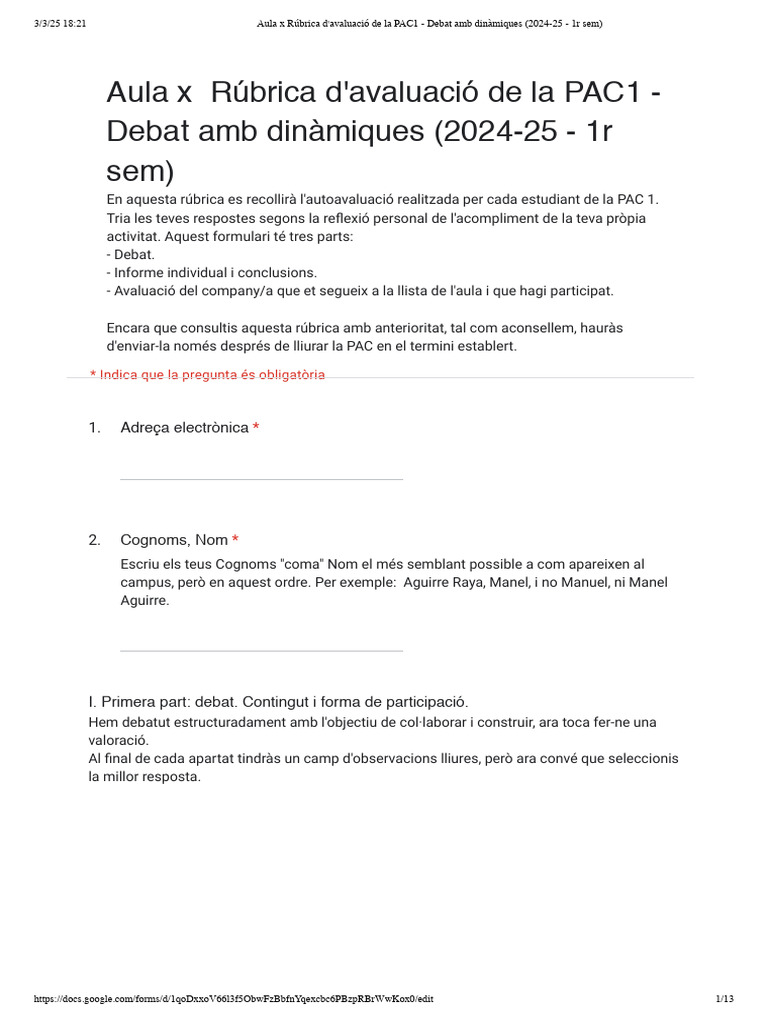 Plantilla Rúbrica PAC1 AULA X 2024-25 (2) - Formularis de Google | PDF