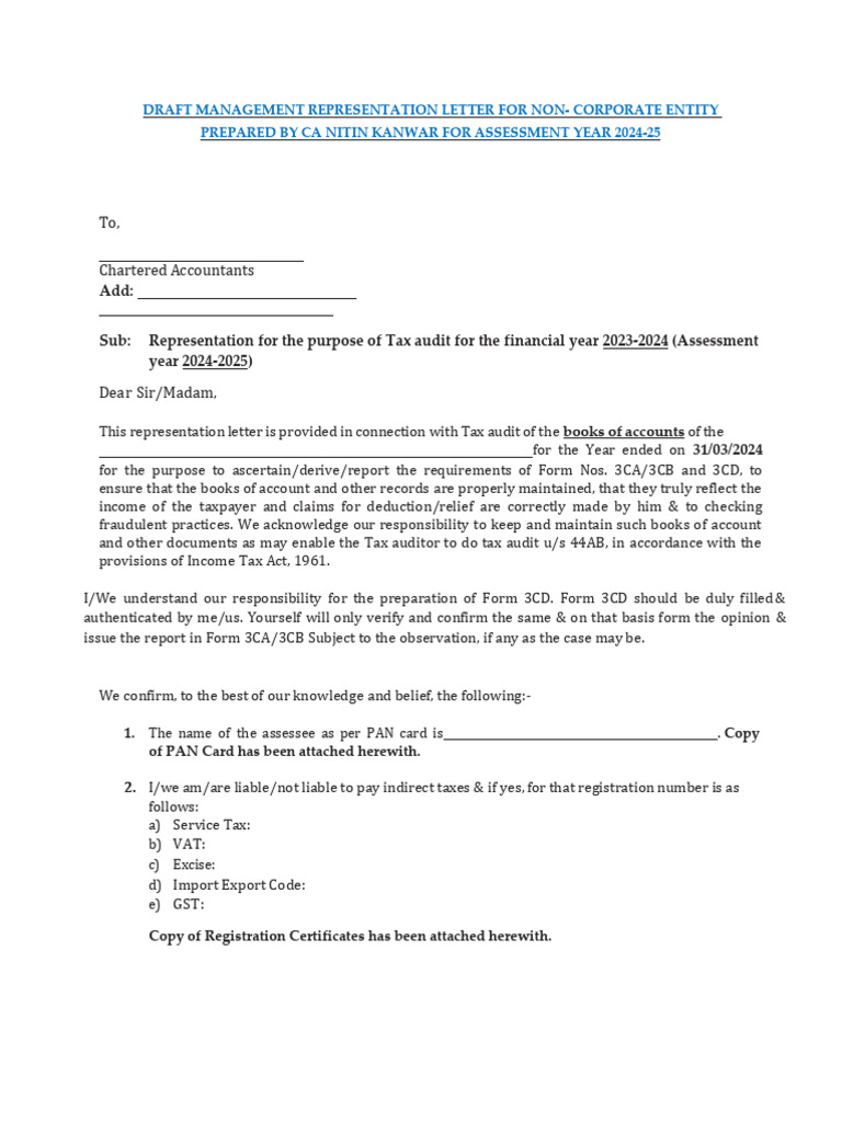 Management Representation Letter For Non Corporate Entity | PDF ...