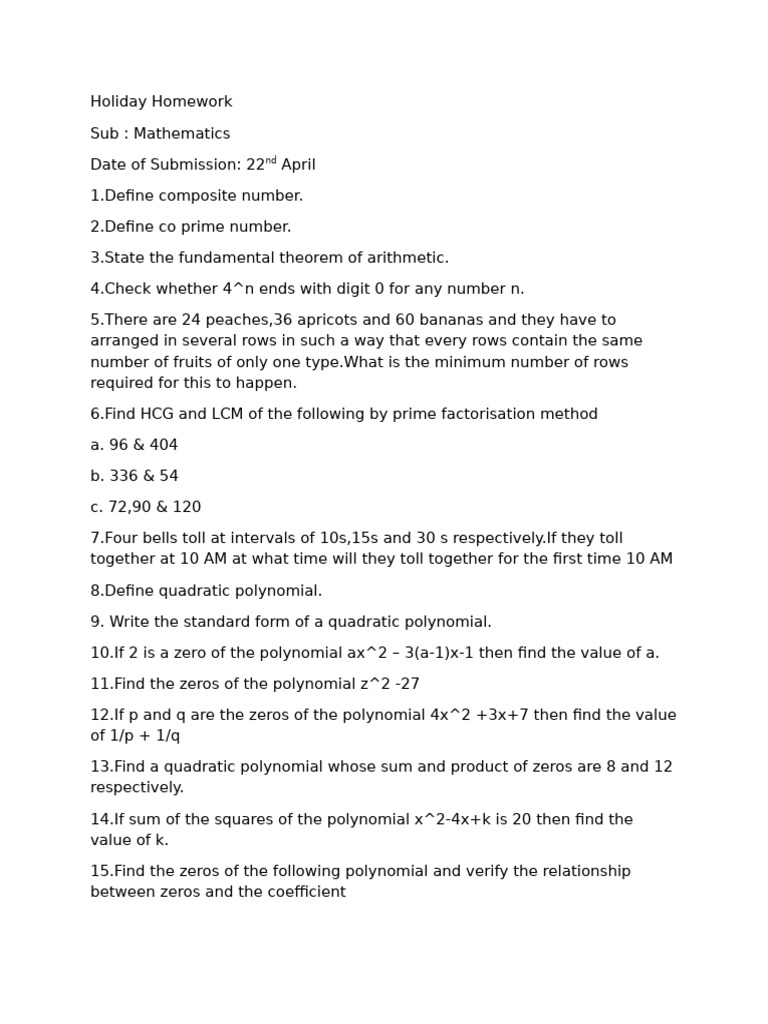 Mathematics Holiday Homework Tasks | PDF