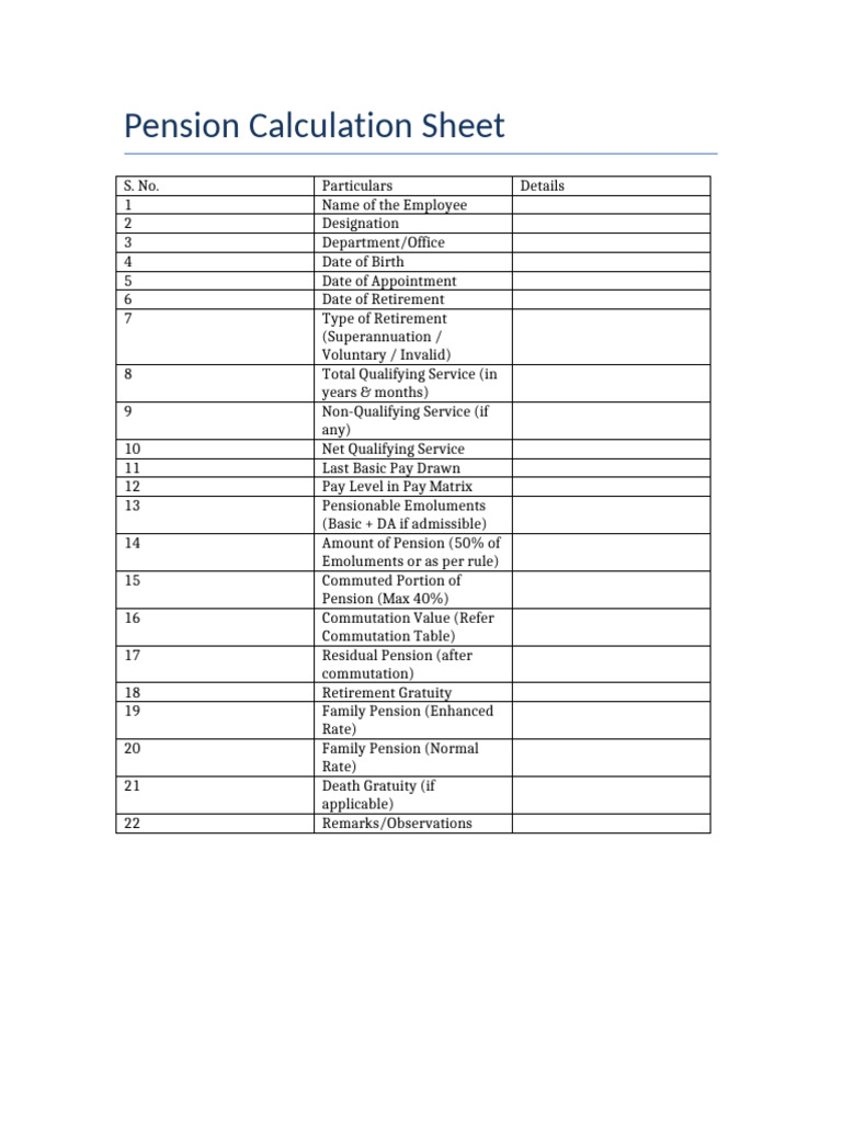 Pension Calculation Sheet | PDF