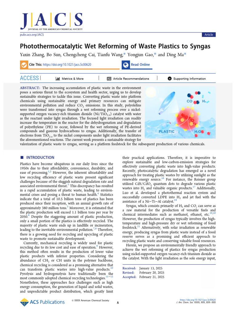 Zhang Et Al 2025 Photothermocatalytic Wet Reforming of Waste Plastics ...