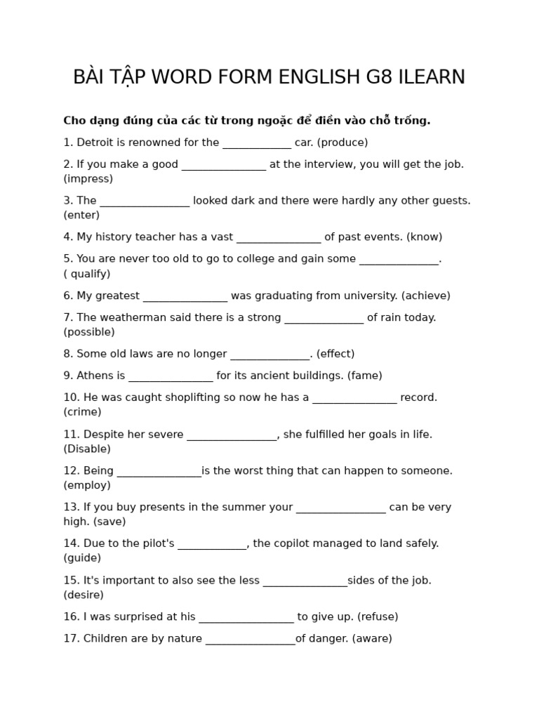 BÀI TẬP WORD FORM ENGLISH G8 ILEARN | PDF
