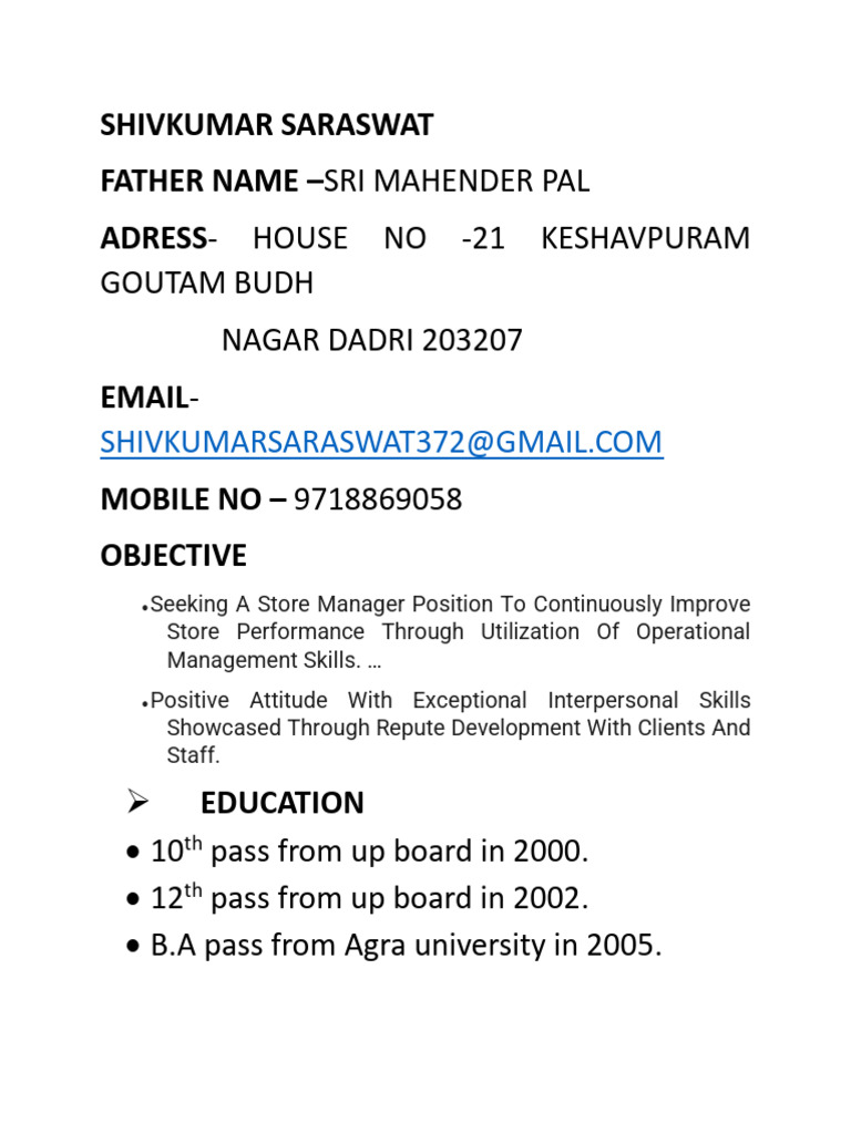 Store Manager Resume of Shivkumar Saraswat | PDF