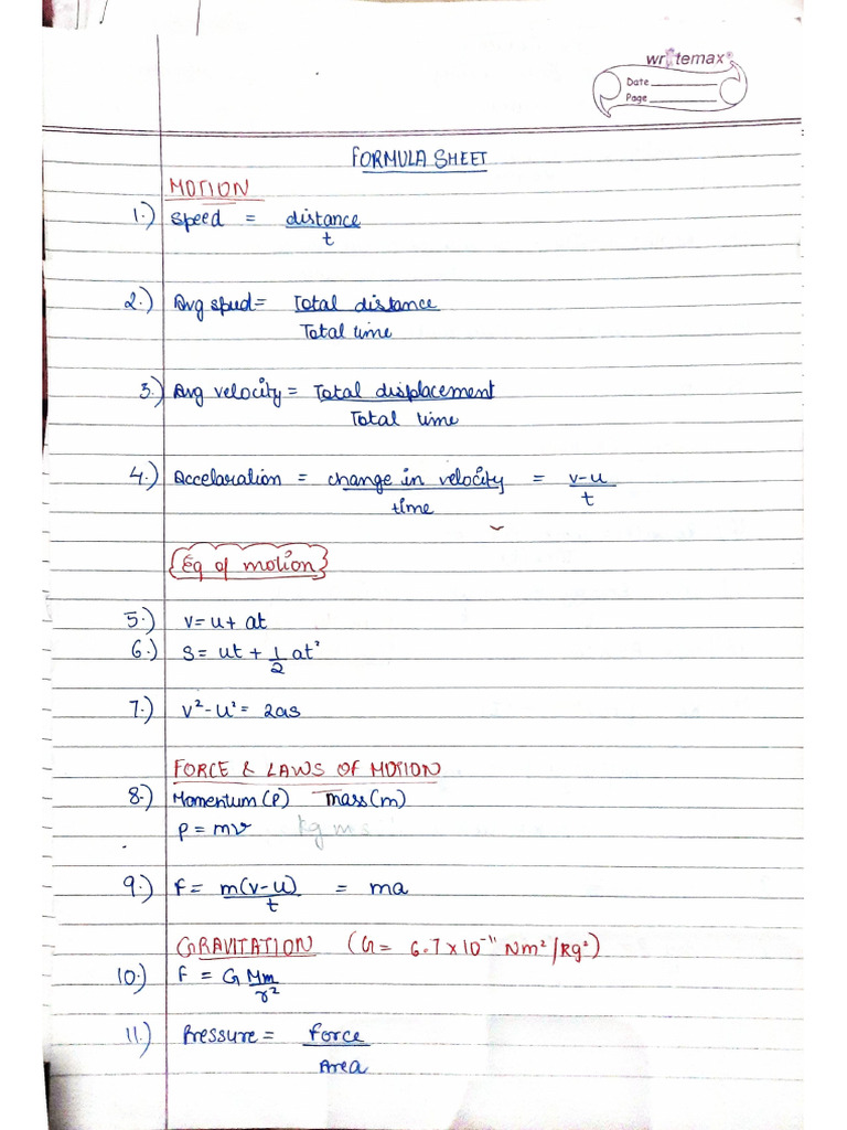 Physics Formula Sheet Class 9 | PDF