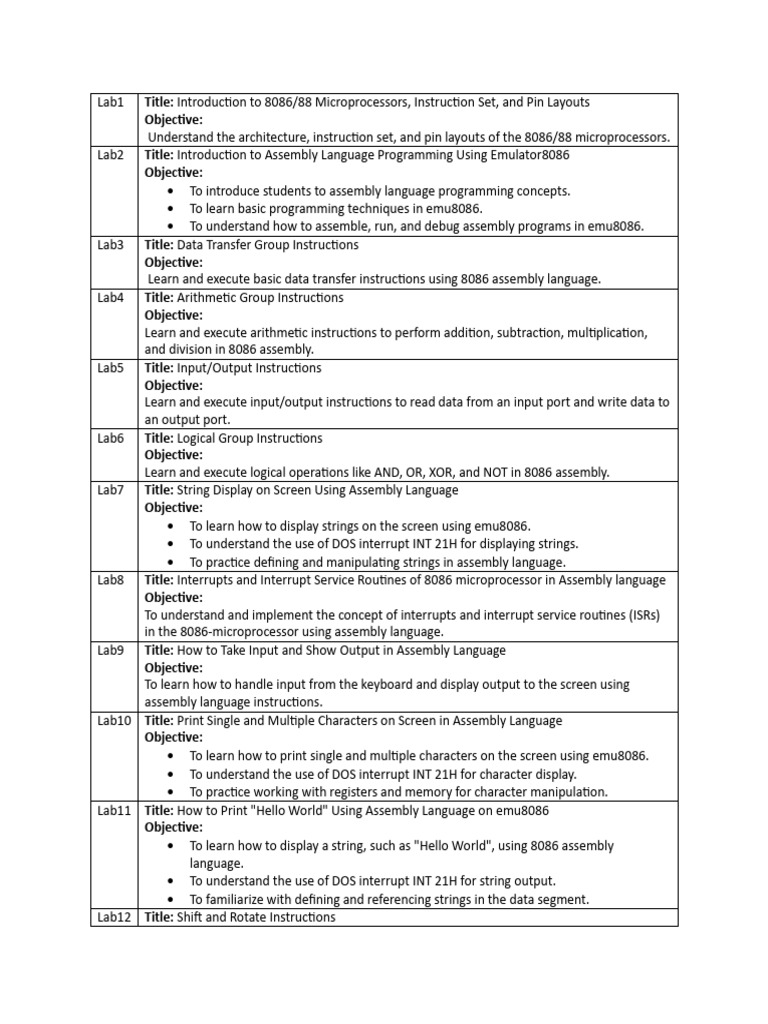List of Lab Experiments MP8086 | PDF | Input/Output | Control Flow