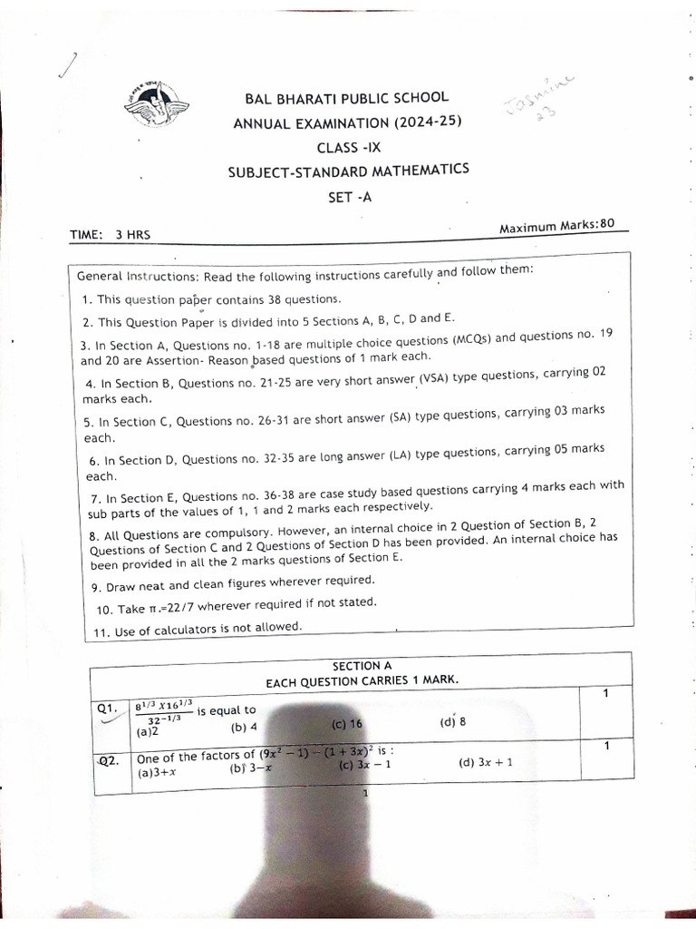 Maths Annual Q Paper Class 9 2024-25 BBPS PP | PDF