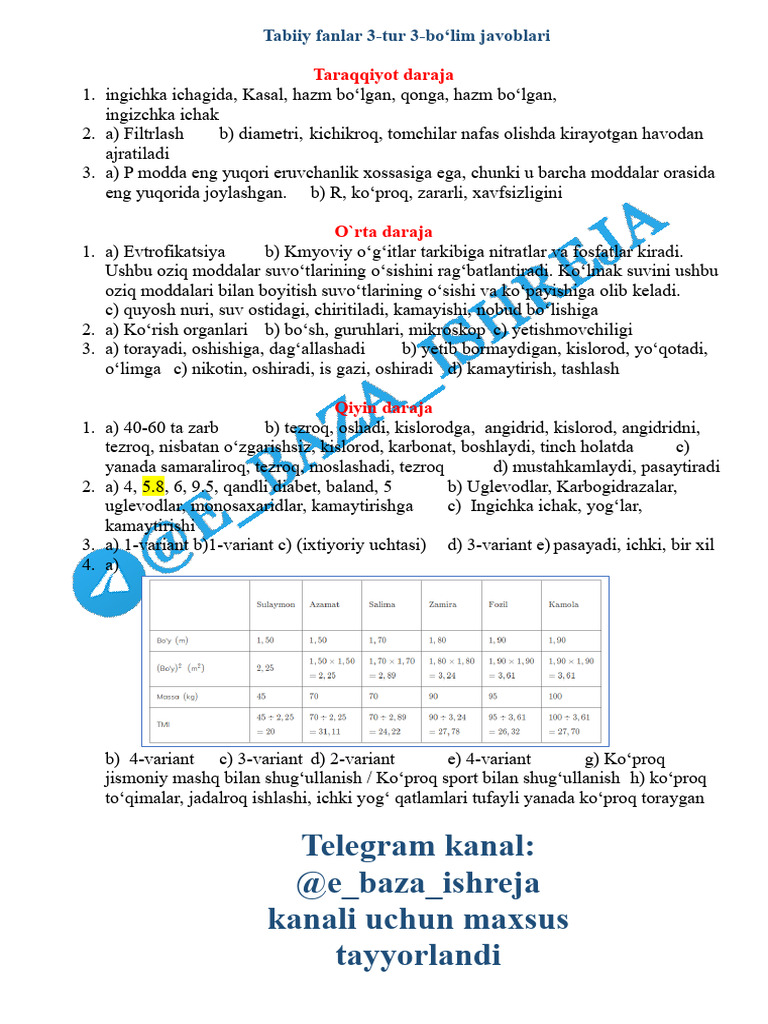 Cerebry Tabiiy Fan 3 Tur 3 Bo'lim Javoblari@e Baza Ishreja | PDF