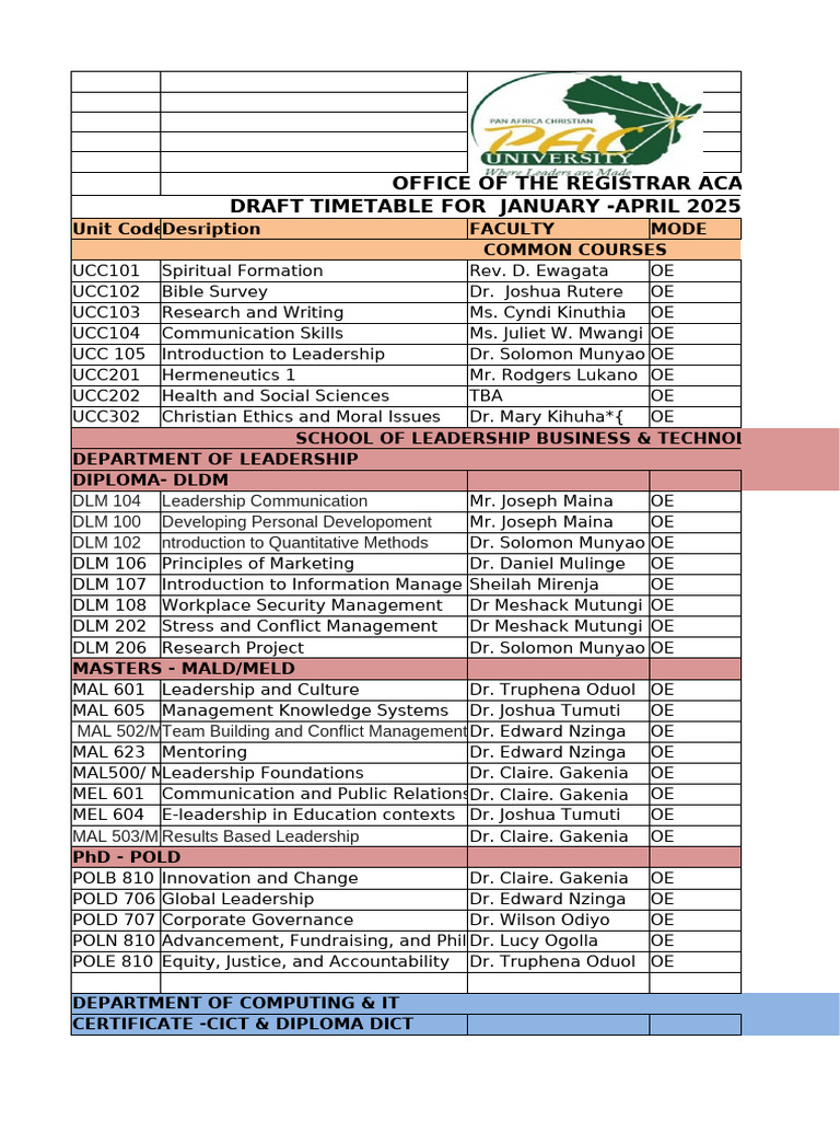 Draft Time Table For January - April 2025 Revised | PDF | Bible