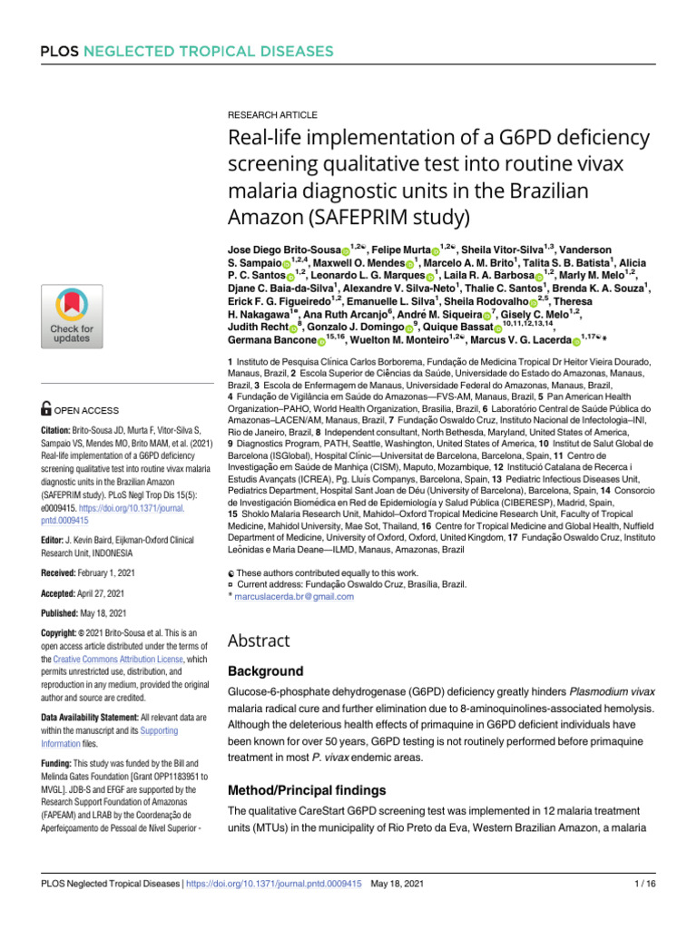 Brito 2021 Malaria g6pd | PDF | Medical Specialties | Clinical Medicine